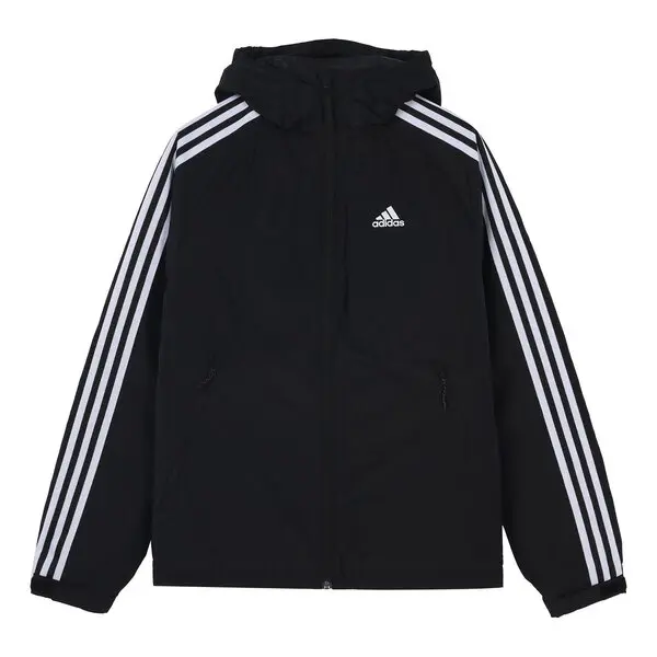 Adidas Hooded Down Jacket With Logo Printing And Side Stripe Detail - Black