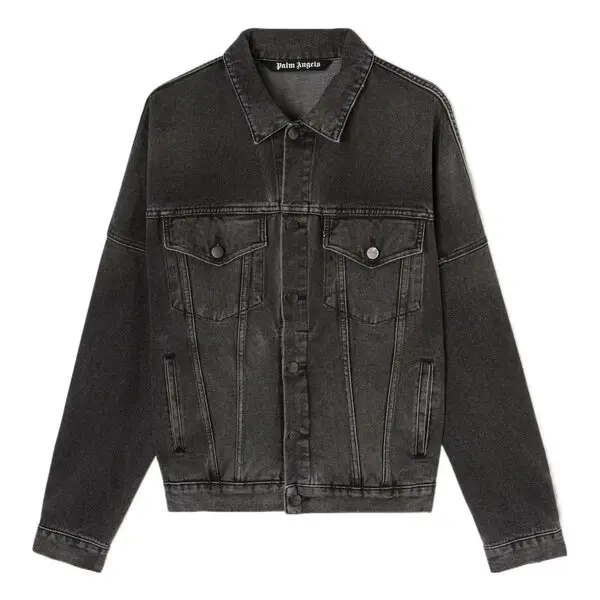 Palm Angels Logo Over Denim Jacket - Grey/white