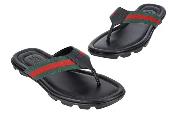 Gucci Leather Web Thong Sandals - Black/green/red