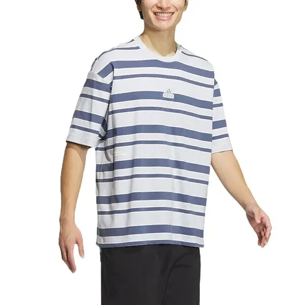 Adidas Logo Stripe T-shirt Asia Sizing 'grey Navy