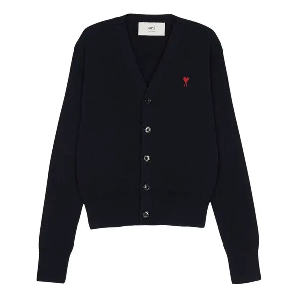 AMI Paris V-neck Cardigan With Embroidered Logo - Navy