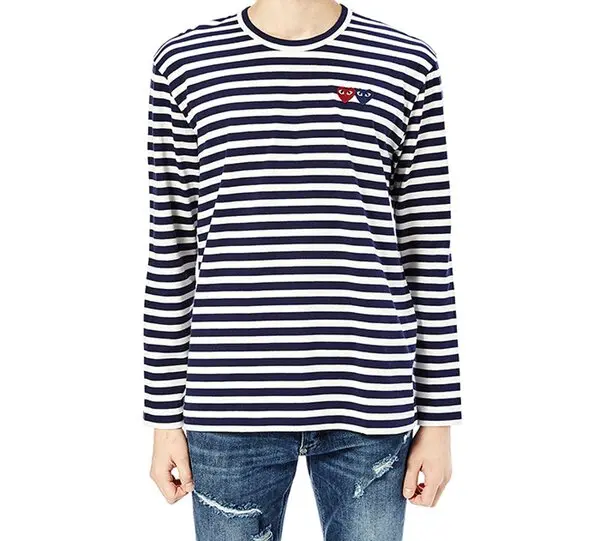 Play Comme Des Garcon Striped Double Logo Long Sleeves Tee 'black White - Bluewhite