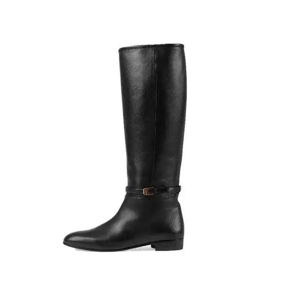 Gucci Knee High Leather Boots With Buckle Detail - Black
