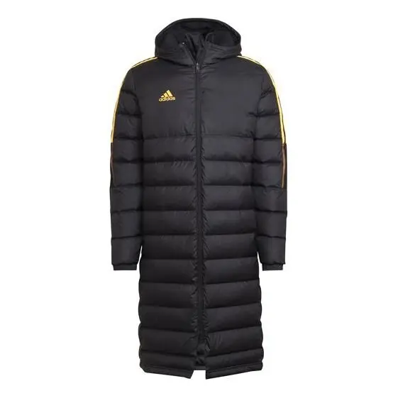 Adidas Mid-length Hooded Down Jacket With Small Logo And Sporty Stripes - Black