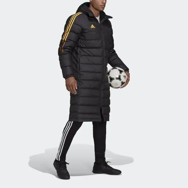 Adidas Mid-length Hooded Down Jacket With Small Logo And Sporty Stripes