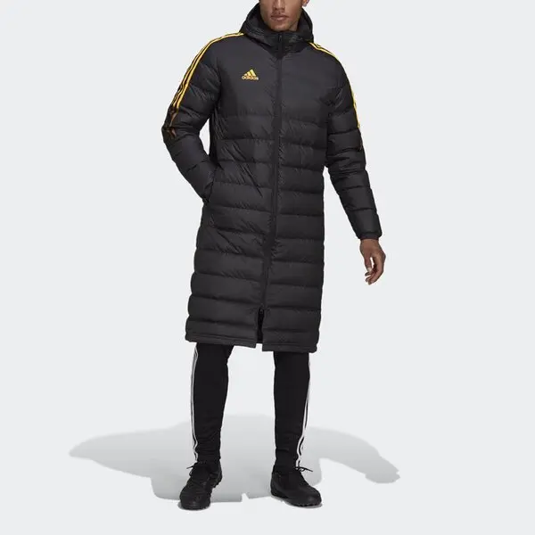 Adidas Mid-length Hooded Down Jacket With Small Logo And Sporty Stripes