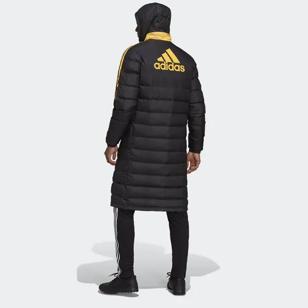 Adidas Mid-length Hooded Down Jacket With Small Logo And Sporty Stripes