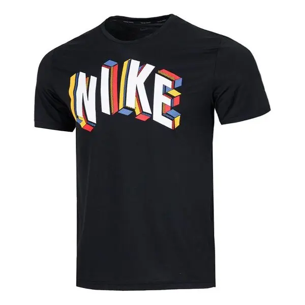 Nike Large Logo Alphabet Printing Round Neck Short Sleeve Black T-shirt - Multi-color