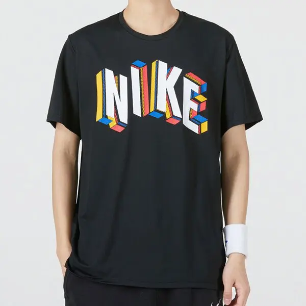 Nike Large Logo Alphabet Printing Round Neck Short Sleeve Black T-shirt - Multi-color