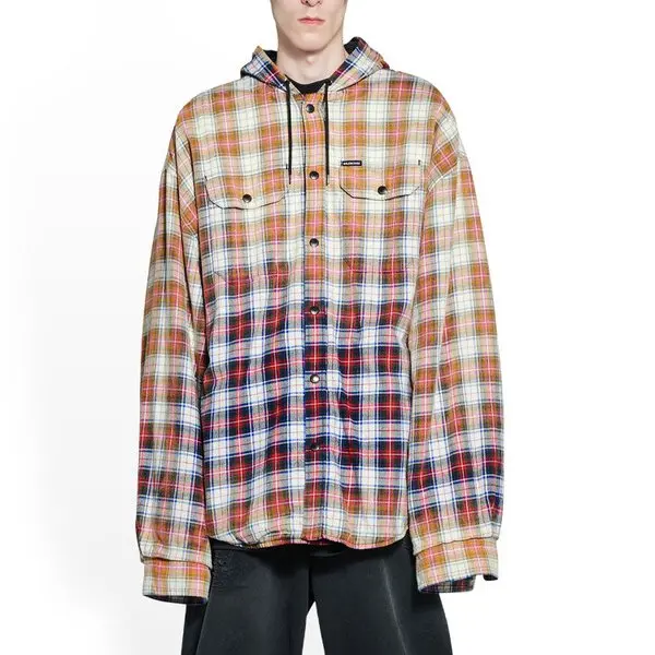 Balenciaga Bleached Plaid Long Sleeve Hooded Shirt