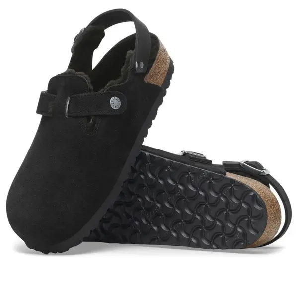 BIRKENSTOCK Tokio Shearling Suede Clogs With Buckled Straps - Black