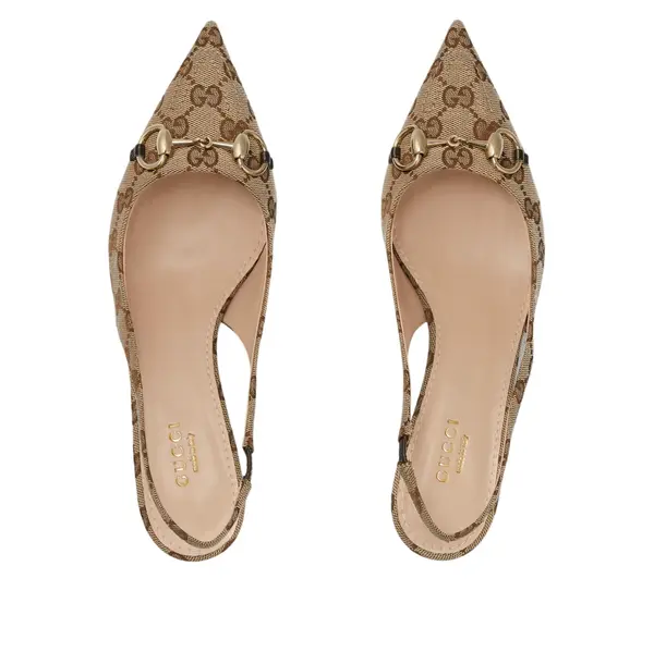 Gucci Horsebit Slingback Heels In Canvas - Beige
