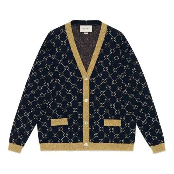 Gucci Gg Patterned V-neck Wool Cardigan - Dark Blue