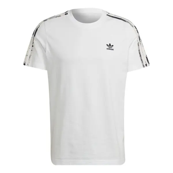Adidas Logo Embroidered Stripe Round Neck Sports Short Sleeve White T-shirt - Default Colorway