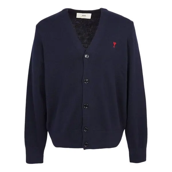 AMI Paris Ribbed V-neck Cardigan With Embroidered Logo - Navy