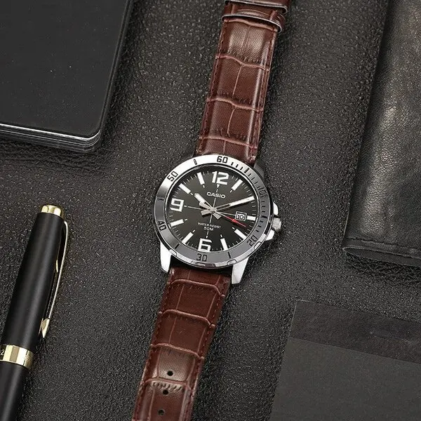 Casio Analog Watch With Leather Band And Water Resistance - Brown