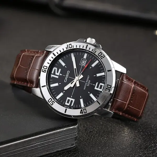 Casio Analog Watch With Leather Band And Water Resistance - Brown