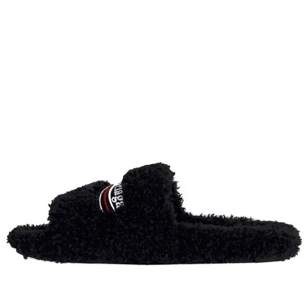 Balenciaga Furry Slides - Black/white/red