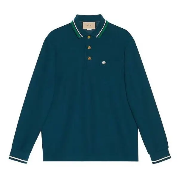 Gucci Wool Cotton Jersey Long Sleeve Polo Shirt - Dark Blue