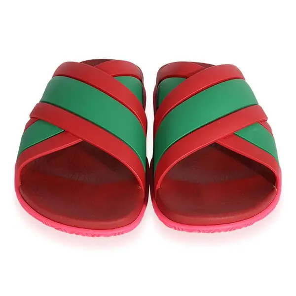 Gucci Web Stripe Slide Sandals - Pink/green