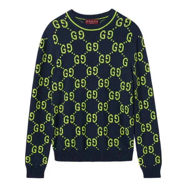 Gucci Gg Cotton Jacquard Crewneck Sweater - Navy/lime Green