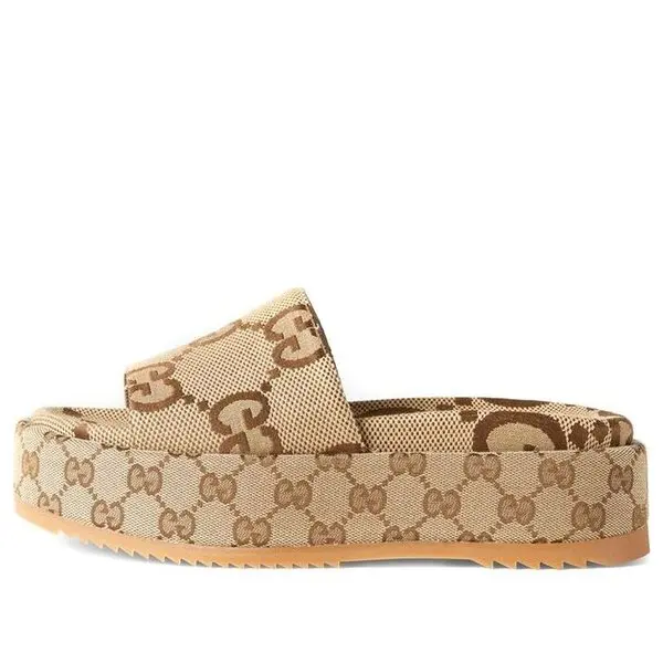 Gucci Platform Slide Sandals With Monogram - Camel/ebony