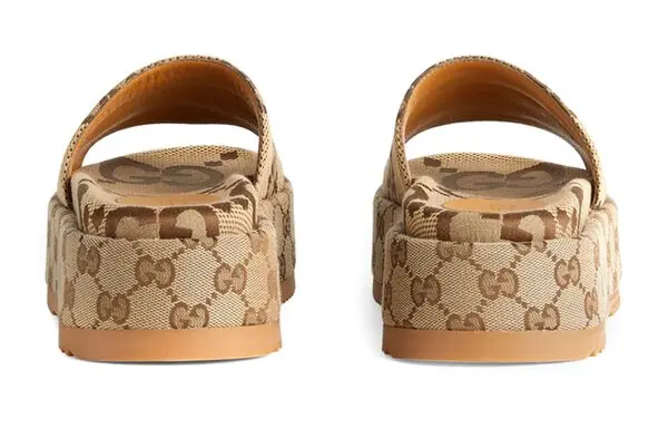 Gucci Platform Slide Sandals With Monogram - Camel/ebony