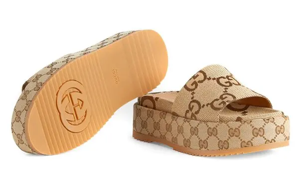 Gucci Platform Slide Sandals With Monogram - Camel/ebony