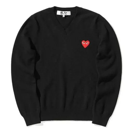Play Comme Des Garcon V-neck Pullover With Red Emblem - Black