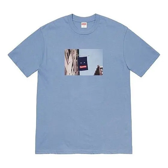 Supreme Fw19 Week 1 Banner Tee Short Sleeve Blue Gray - Bluegray