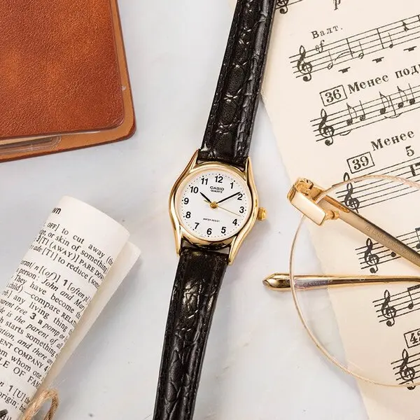 Casio Analog Watch With White Dial And Black Leather Strap