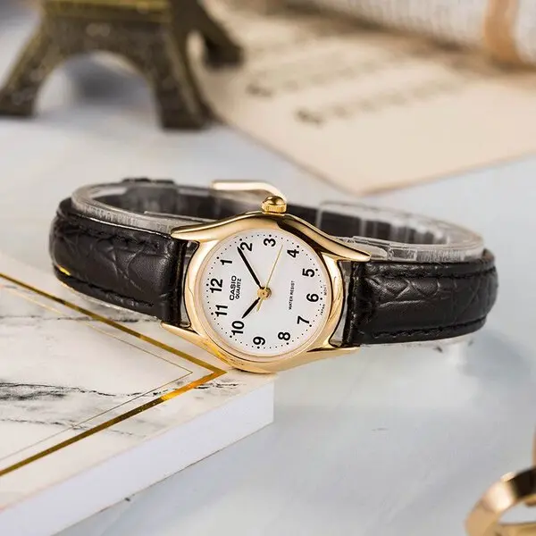 Casio Analog Watch With White Dial And Black Leather Strap