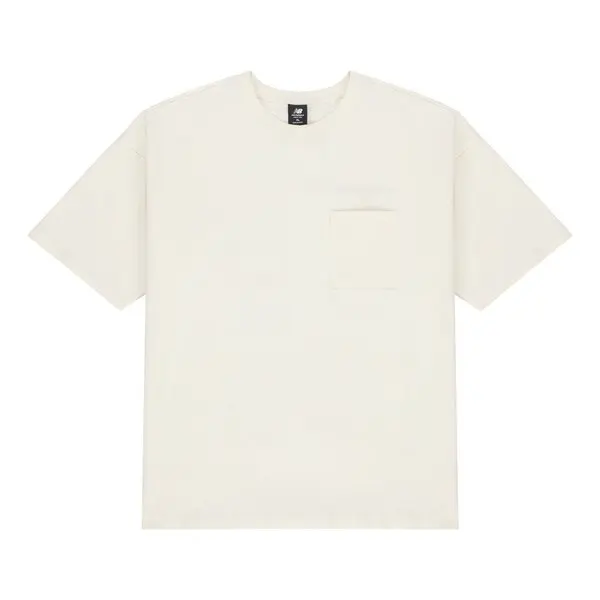 NEW BALANCE Logo Embroidered Pocket Knit Round Neck Short Sleeve Couple Style White - Tan