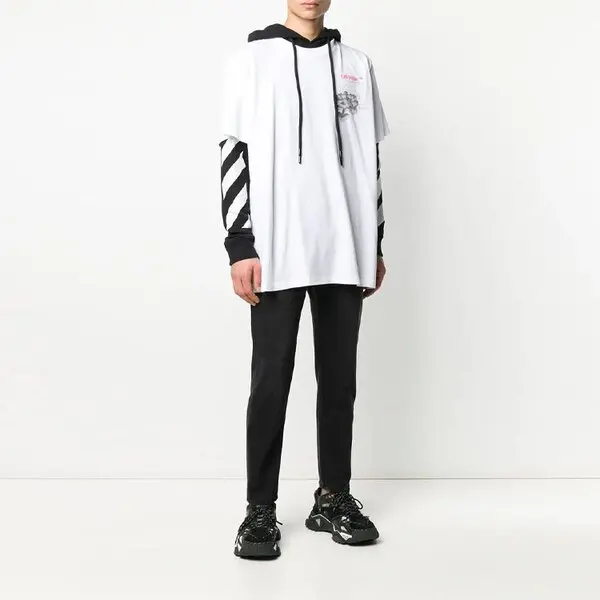 Off-White Layered T-shirt With Hood And Graphic Print