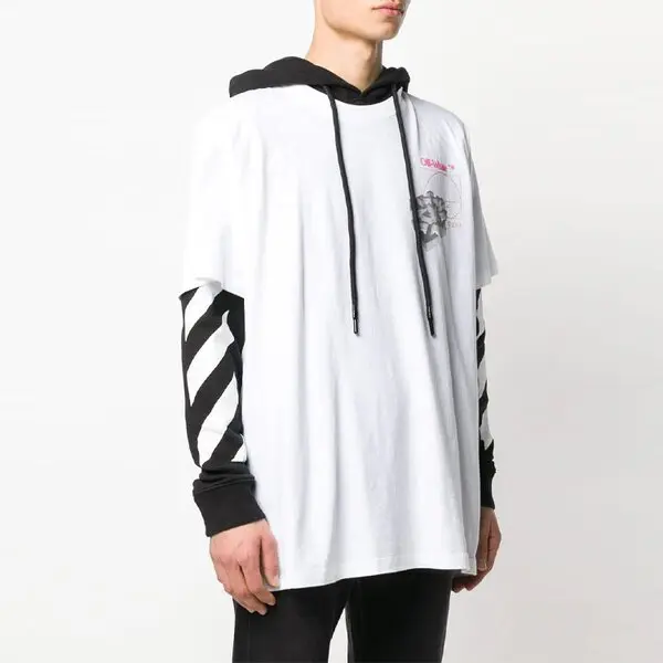 Off-White Layered T-shirt With Hood And Graphic Print