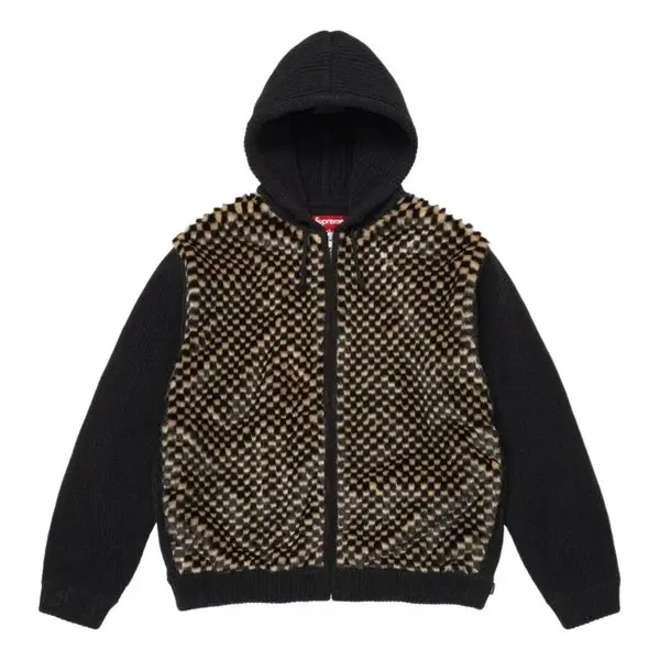 Supreme Checkerboard Faux Fur Zip Up Hooded Sweater - Black
