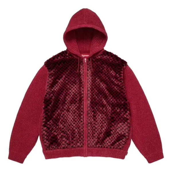 Supreme Checkerboard Faux Fur Zip Up Hooded Sweater - Red