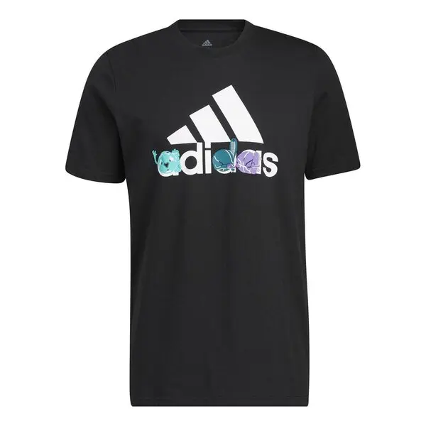 Adidas Logo Cartoon Pattern Printing Round Neck Short Sleeve Black T-shirt - Default Color