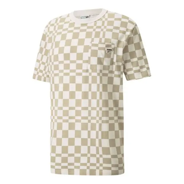 PUMA Contrasting Colors Sports Plaid Round Neck Short Sleeve - Khaki