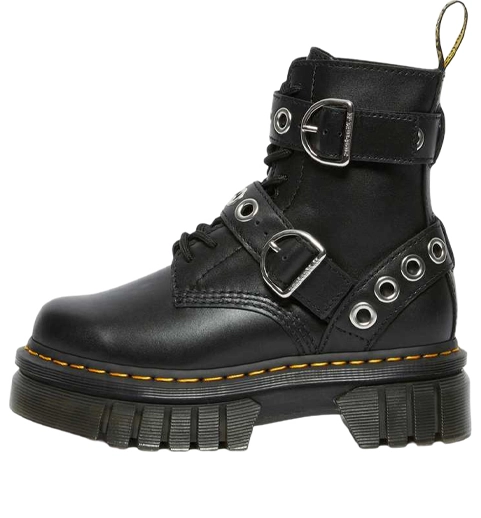 Dr. Martens Leather Lace Up Combat Boots With Buckle Detailing - Black