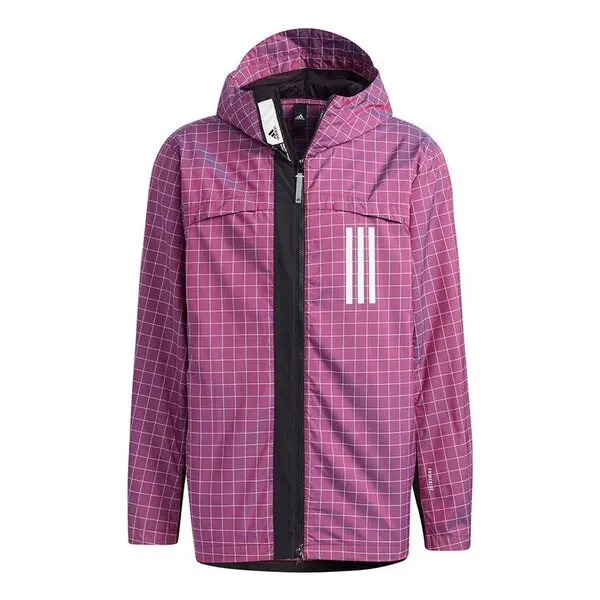 Adidas Wnd Sports Plaid Hooded Windbreaker Jacket - Purple