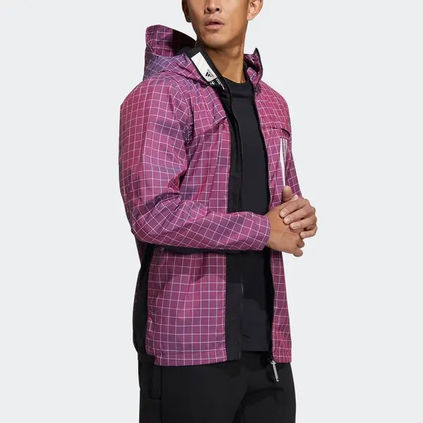 Adidas Wnd Sports Plaid Hooded Windbreaker Jacket - Purple