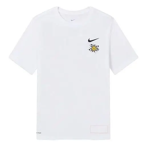 Nike Cartoon Sun Hand Printing Pattern Alphabet Round Neck Short Sleeve White T-shirt - Multi-color