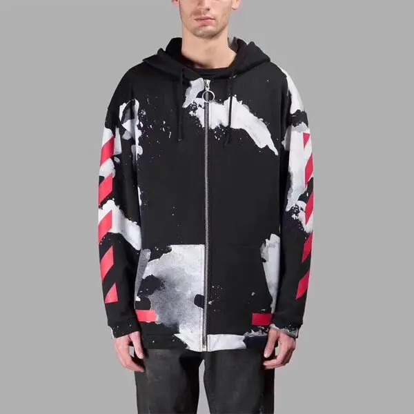 Off-White Loose Fit Zip-up Hoodie With Graphic Print