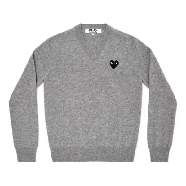 Play Comme Des Garcon V-neck Long Sleeve T-shirt With Black Emblem - Grey