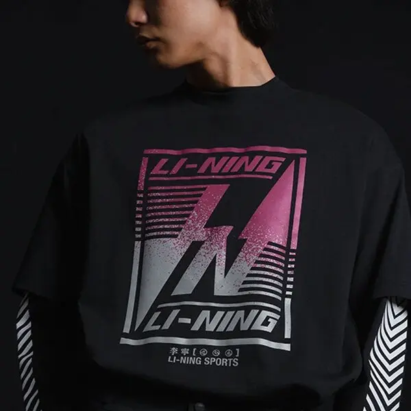 LI-NING Pattern Printing Loose Round Neck Short Sleeve