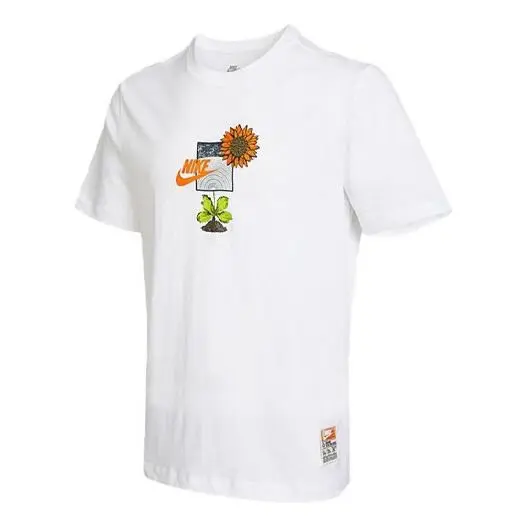 Nike Logo Plant Pattern Cartoon Printing Round Neck Casual Short Sleeve White T-shirt - Multi-color
