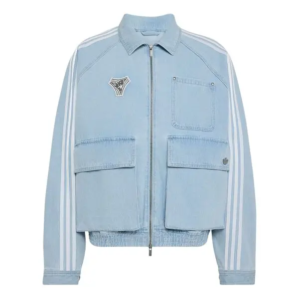 Adidas Denim Trucker Jacket With Striped Accents - Light Blue