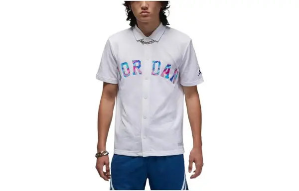 JORDAN Solid Color Lapel Button Brand Multi-color Embroidered Short Sleeve T-shirt White