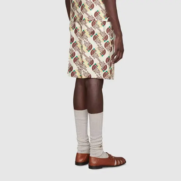 Gucci X The North Face Logo Web Print Silk Shorts - Ivory/brown/green